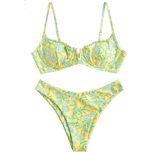 Womens Underwire Bikini Floral High Leg Bikini Set V Wired Two Piece