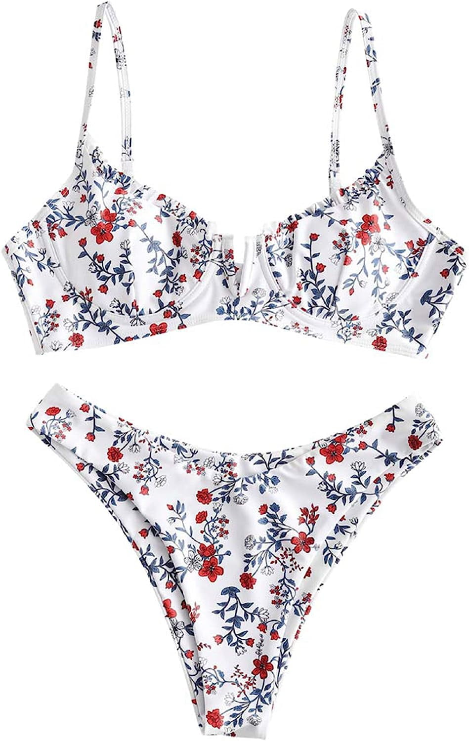 Womens Underwire Bikini Floral High Leg Bikini Set V Wired Two Piece