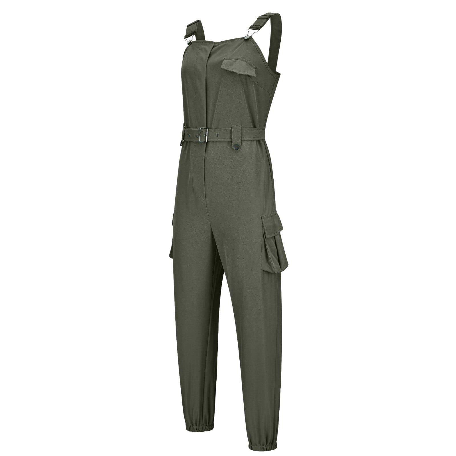 Women's Utility Jumpsuit Sleeveless Cargo Romper Belted Cargo Pockets ...