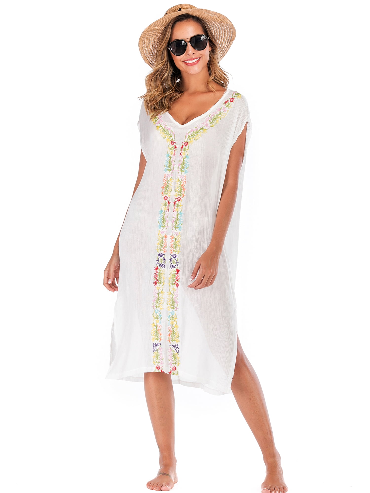 Women's V Neck Fashion Beach Split Cotton Linen Loose Summer Boho ...