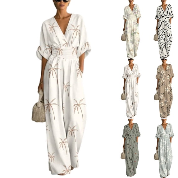Women's V Neck Floral Print Jumpsuit 2026 Summer Casual 3/4 Sleeve Wide ...
