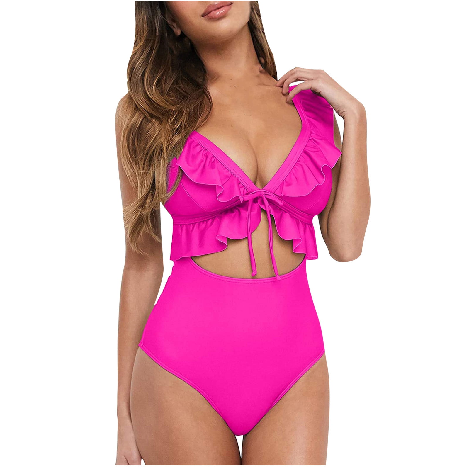 Womens V Neck Flounce One Piece Swimsuit Ladies Sexy Padded Monokini