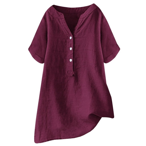 Women's V-Neck Linen Tee with Short Sleeves Casual Solid Color Shirts ...