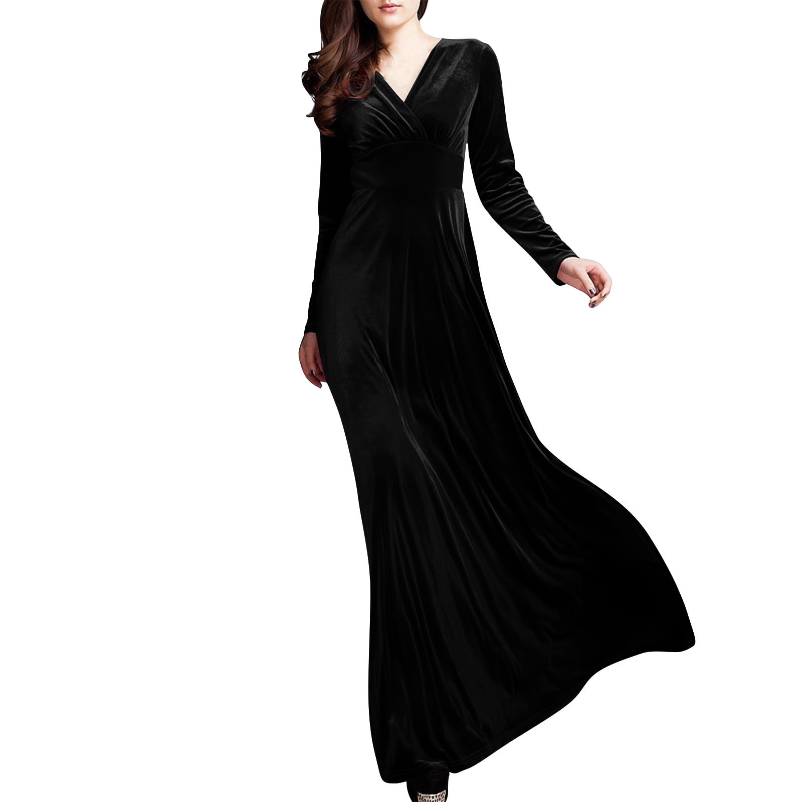 Women s V Neck Long Sleeve Velvet Maxi Dress Flowy Floor Length Formal ...