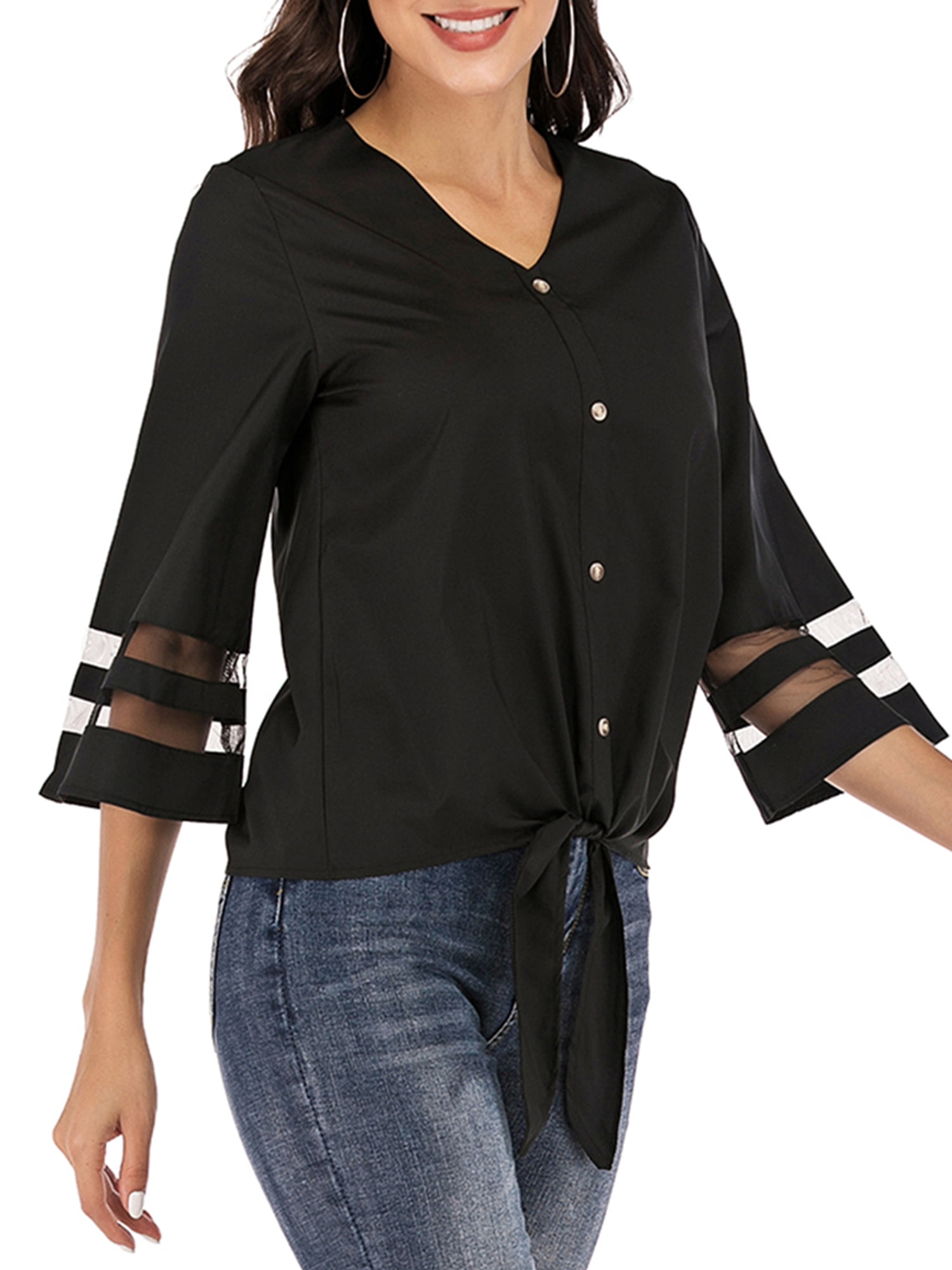 Women's V Neck Mesh Panel Blouse 3/4 Bell Sleeve Chiffon Blouse Casual ...