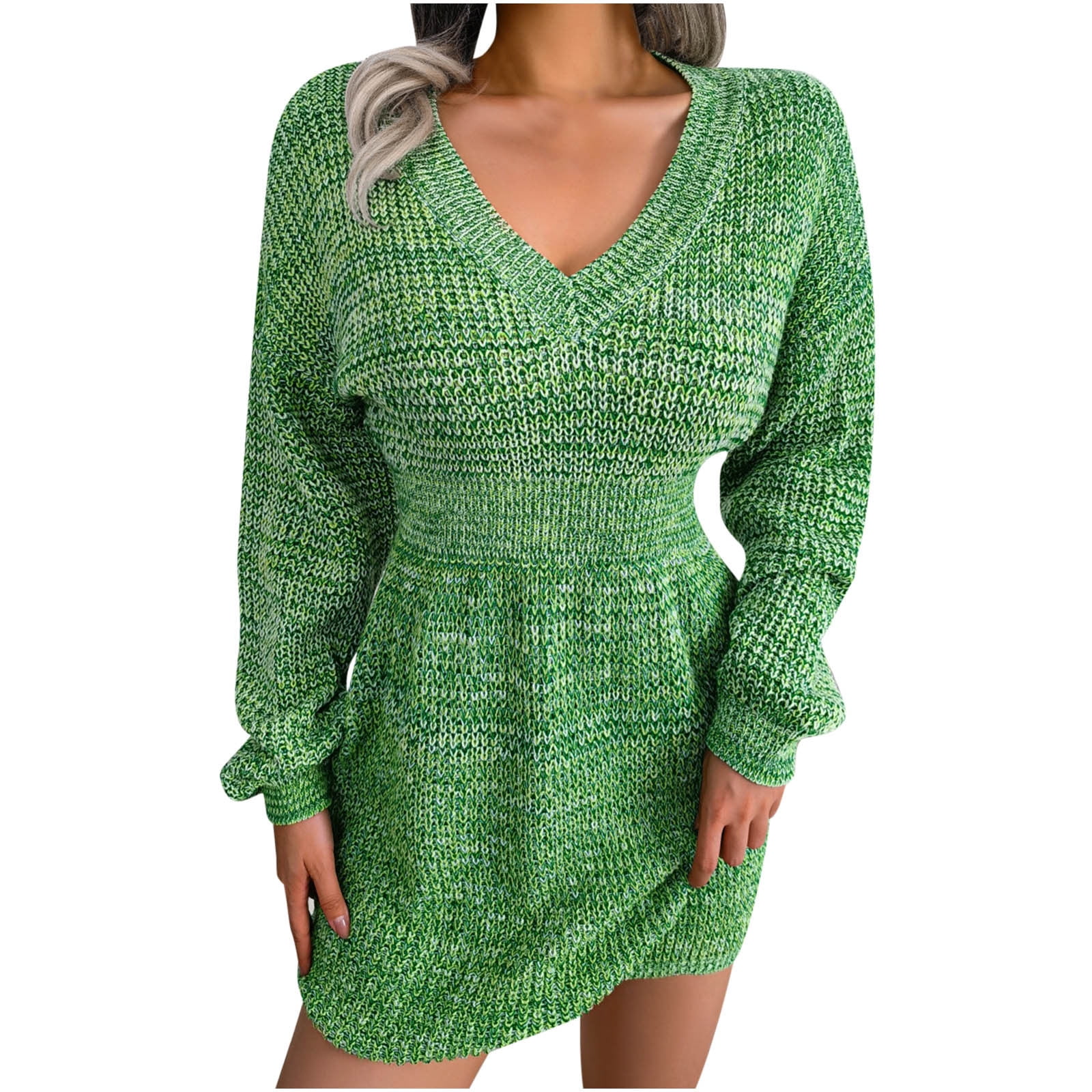 Women's V Neck Mini Sweater Dress Knit Stretch Elasticity Lantern Long ...