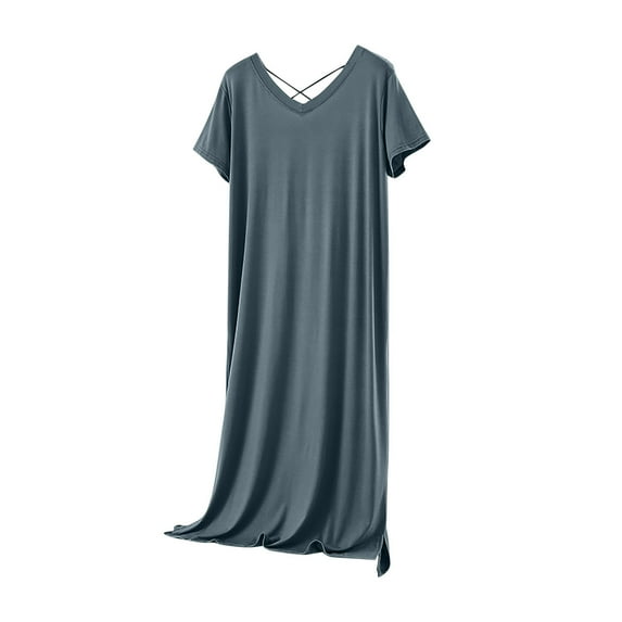 Women's V-Neck Nightgowns Causual Soft Short Sleeve Sleepwear Side ...