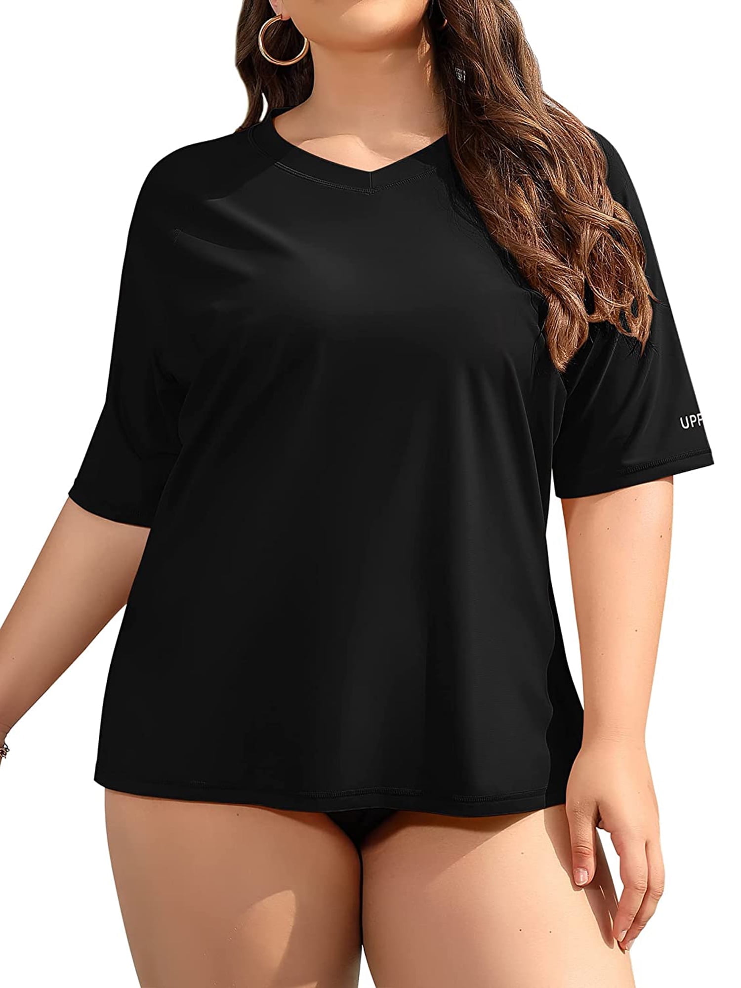 Women's V Neck Plus Size Rash Guard Stretchy Solid Swim Shirt UPF 50 ...