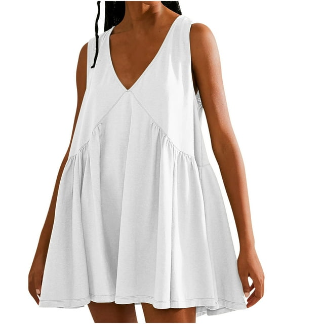 Women's V Neck Sleeveless Mini Dress Loose Summer Pleated Swing Flowy ...