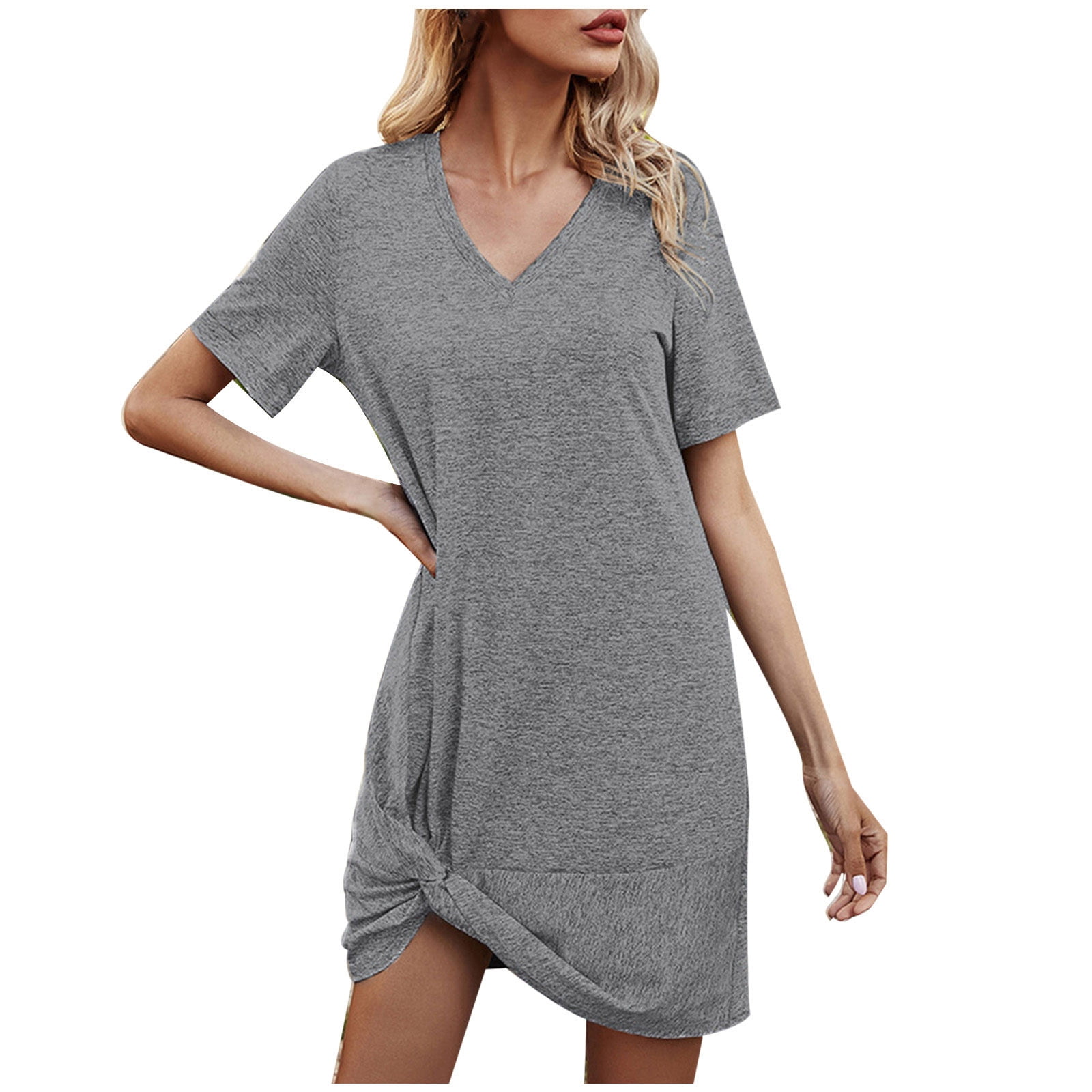 Women's V-Neck Sundresses Basic Short Sleeve Dresses Tie Knot Twist ...