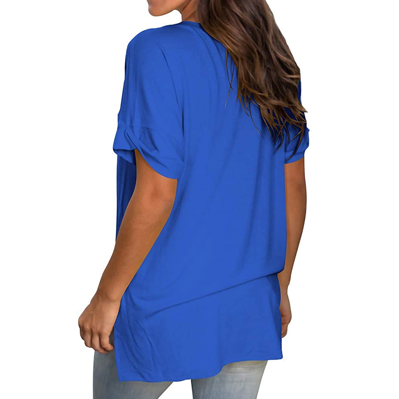 Women's V Neck T-Shirt Summer Short Sleeve Side Split Plain Tunic Tops ...
