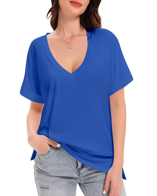 Women's V Neck T Shirts Short Rolled Sleeve Loose Fit Tops Side Split Summer Tees - Walmart.com