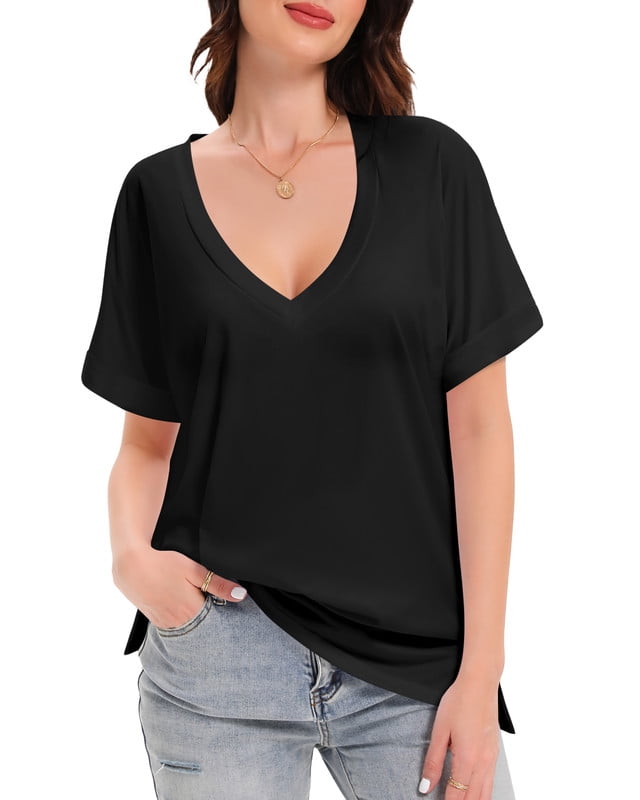 Women's V Neck T Shirts Short Rolled Sleeve Loose Fit Tops Side Split Summer Tees - Walmart.com