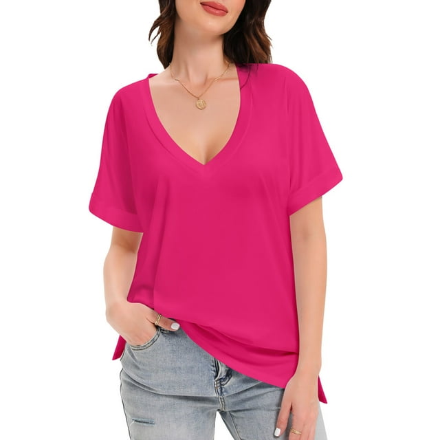 Women's V Neck T Shirts Short Rolled Sleeve Loose Fit Tops Side Split Summer Tees - Walmart.com