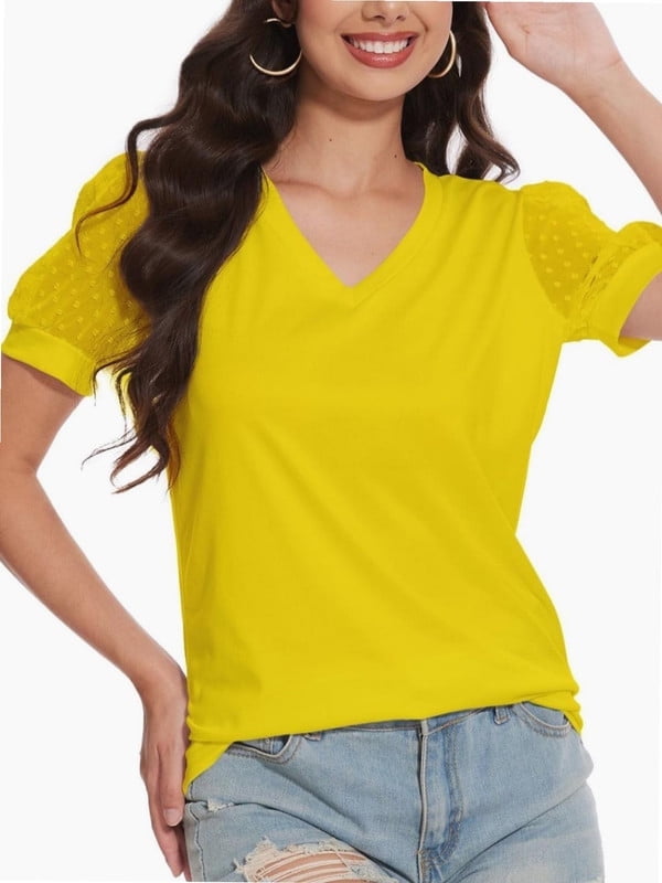 Women's V Neck Tops Puff Sleeve with Swiss Dot T-Shirts Summer Casual ...