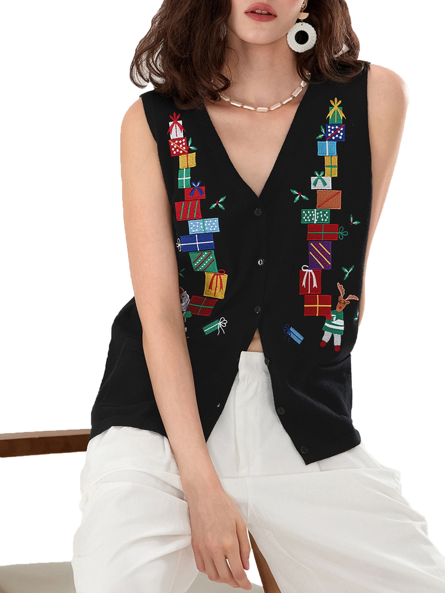 Women's V-neck Button Christmas Knit Vest Sleeveless Christmas Print ...