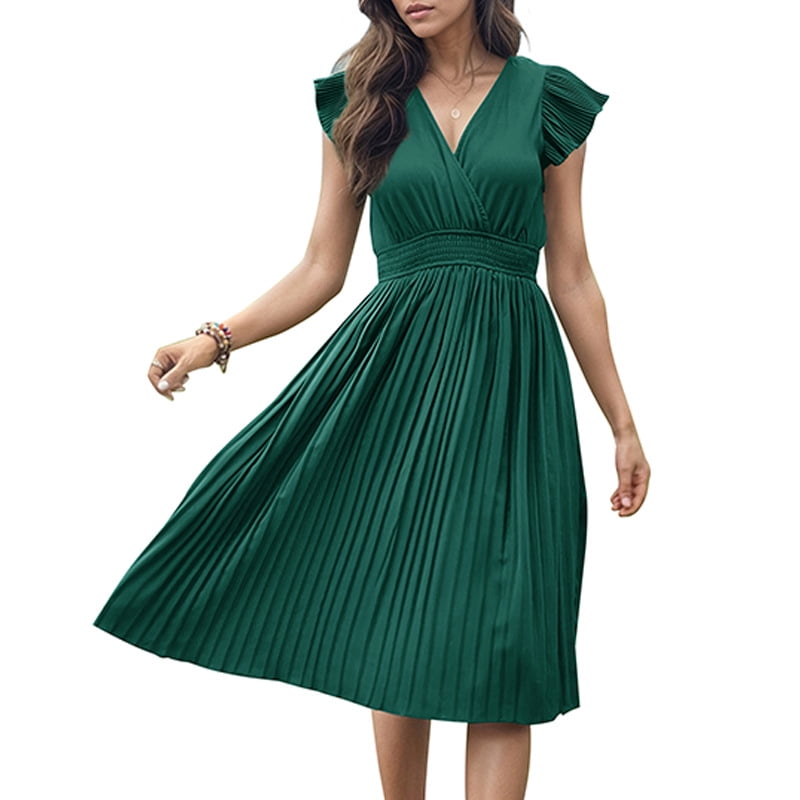 Women's V-neck Pleated Short Sleeved Solid Color Dress - Walmart.com