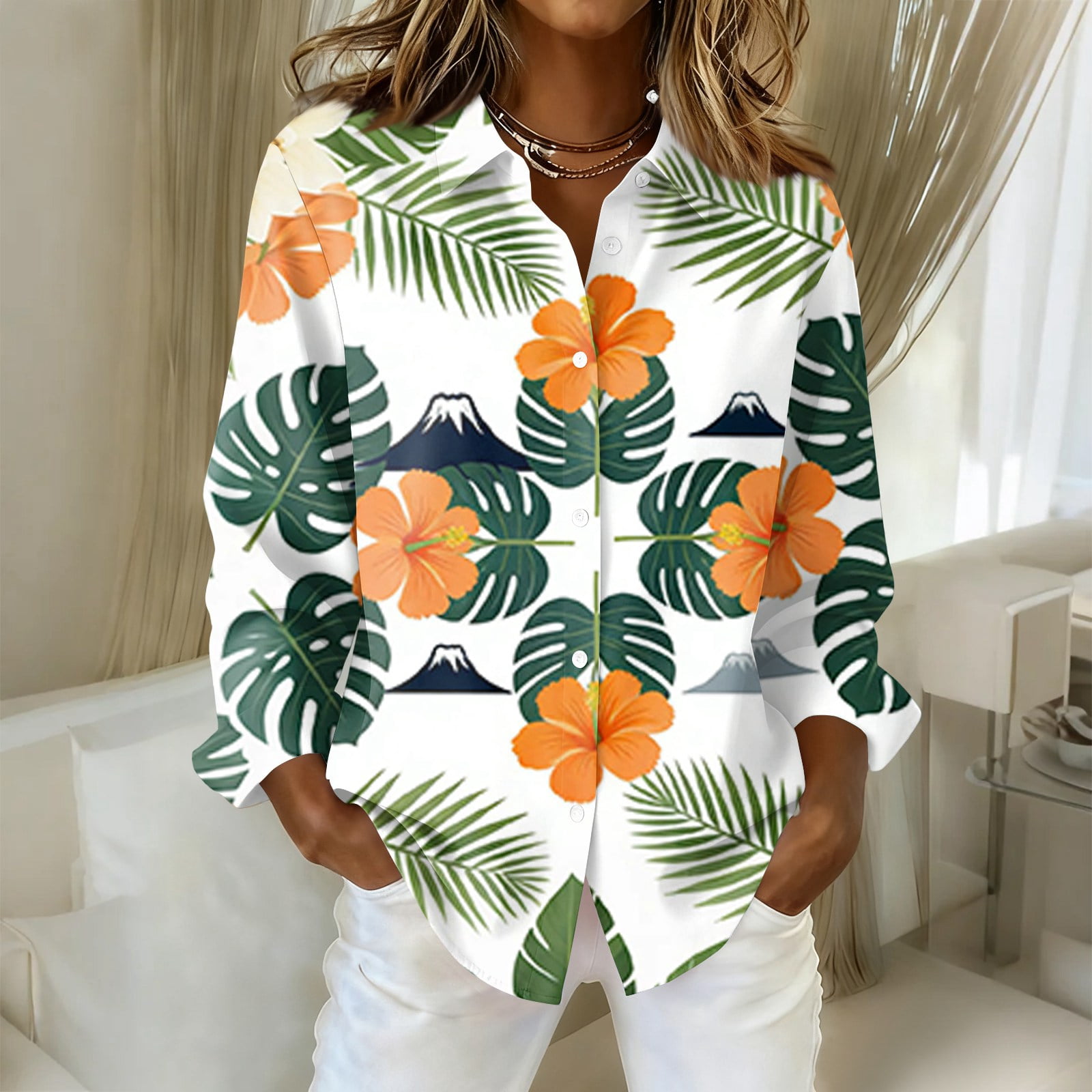 Women's Vacation Hawaiian Tops Long Sleeve Tropical Floral Print Button ...