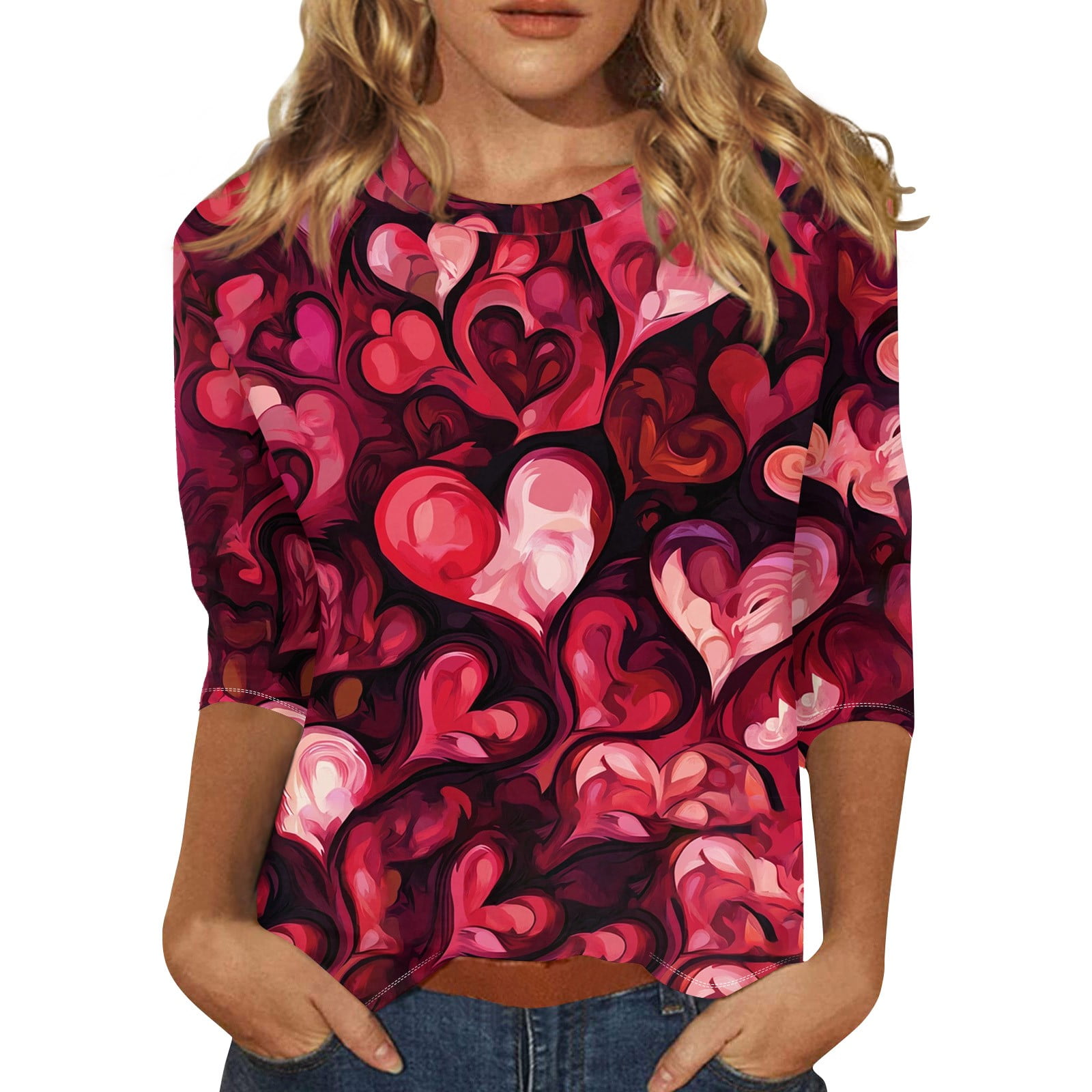 Women's Valentines Day Shirts Heart Print Crew Neck T Shirts 3/4 Sleeve Blouse Thanksgiving ...