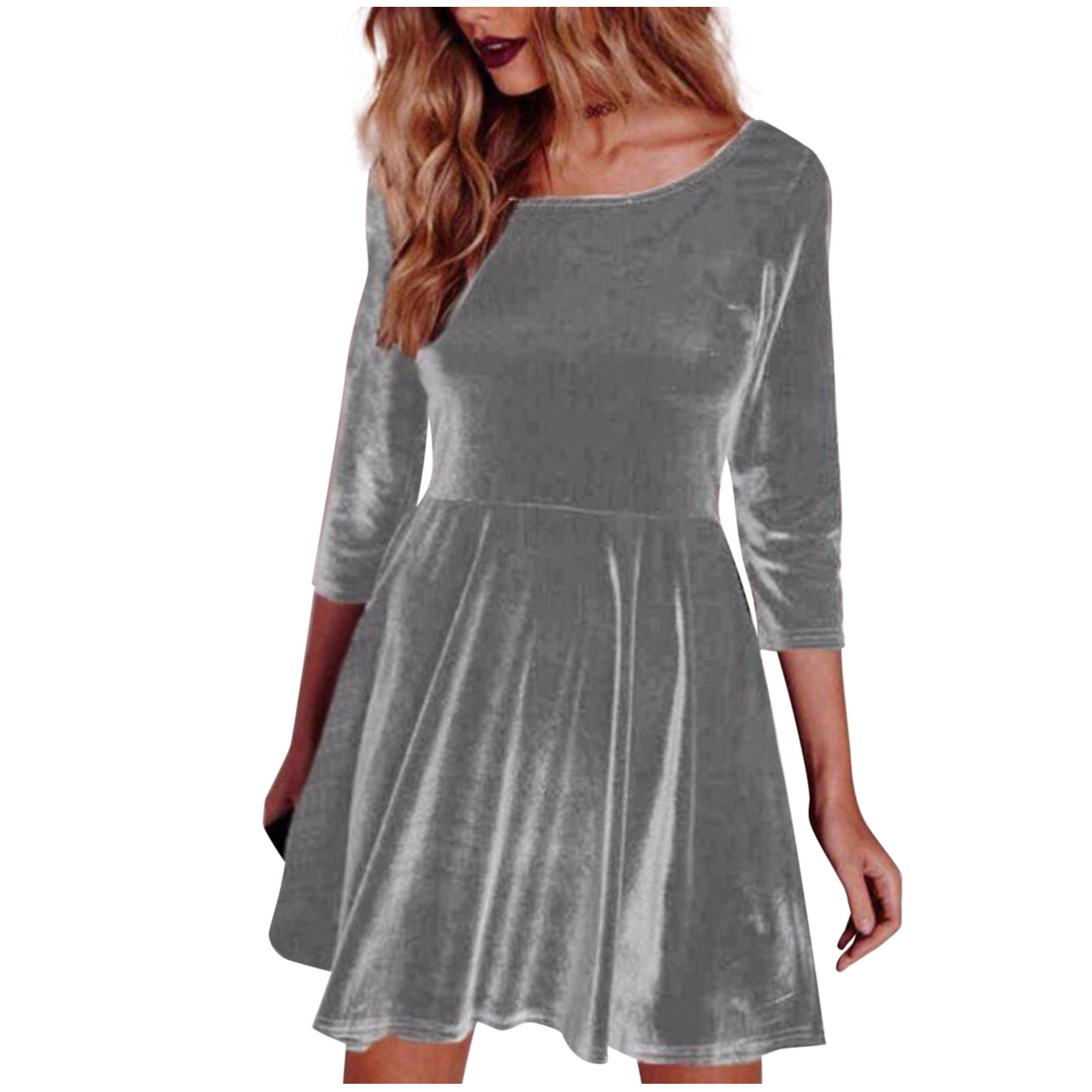 Women's Velvet Dress Casual 3/4 Sleeve Scoop Neck Velour Mini Dress ...