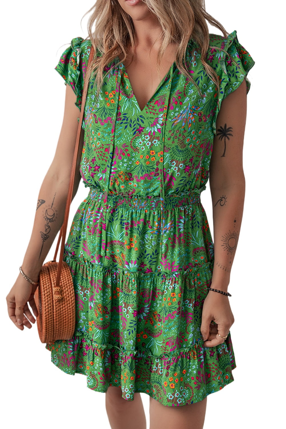 Women's Vibrant Green Floral Tie Split Neck Ruffled Tiered Short Dress ...