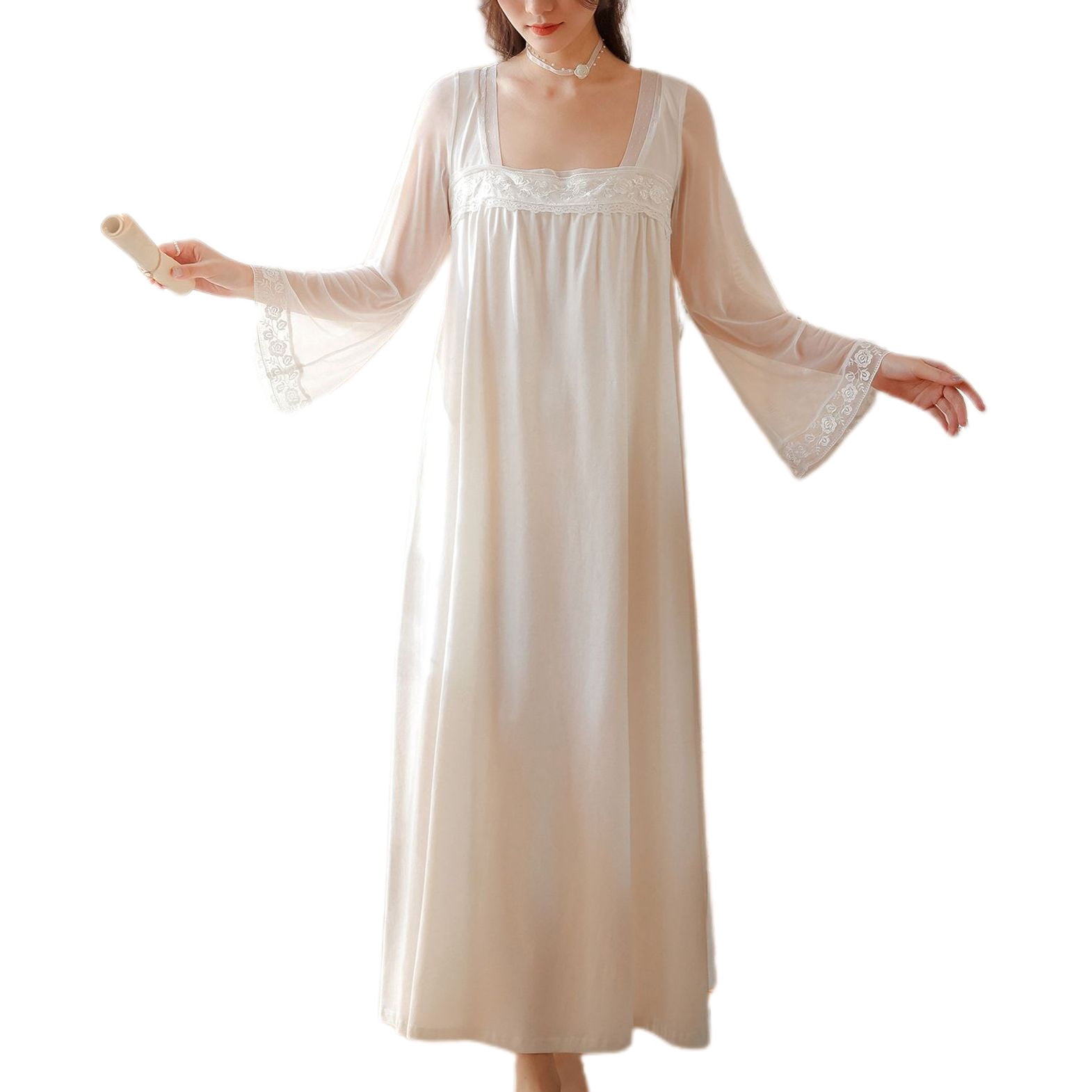 Women's Victorian Nightgown Cotton Bell Long Sleeve Night Dress Elegant ...