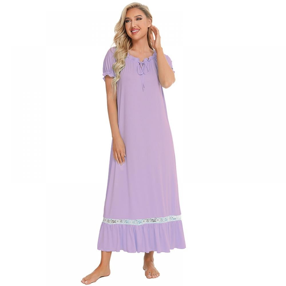 Women's Victorian Nightgown Short Sleeve Long Nightshirt Vintage Sleepwear Full Length ...