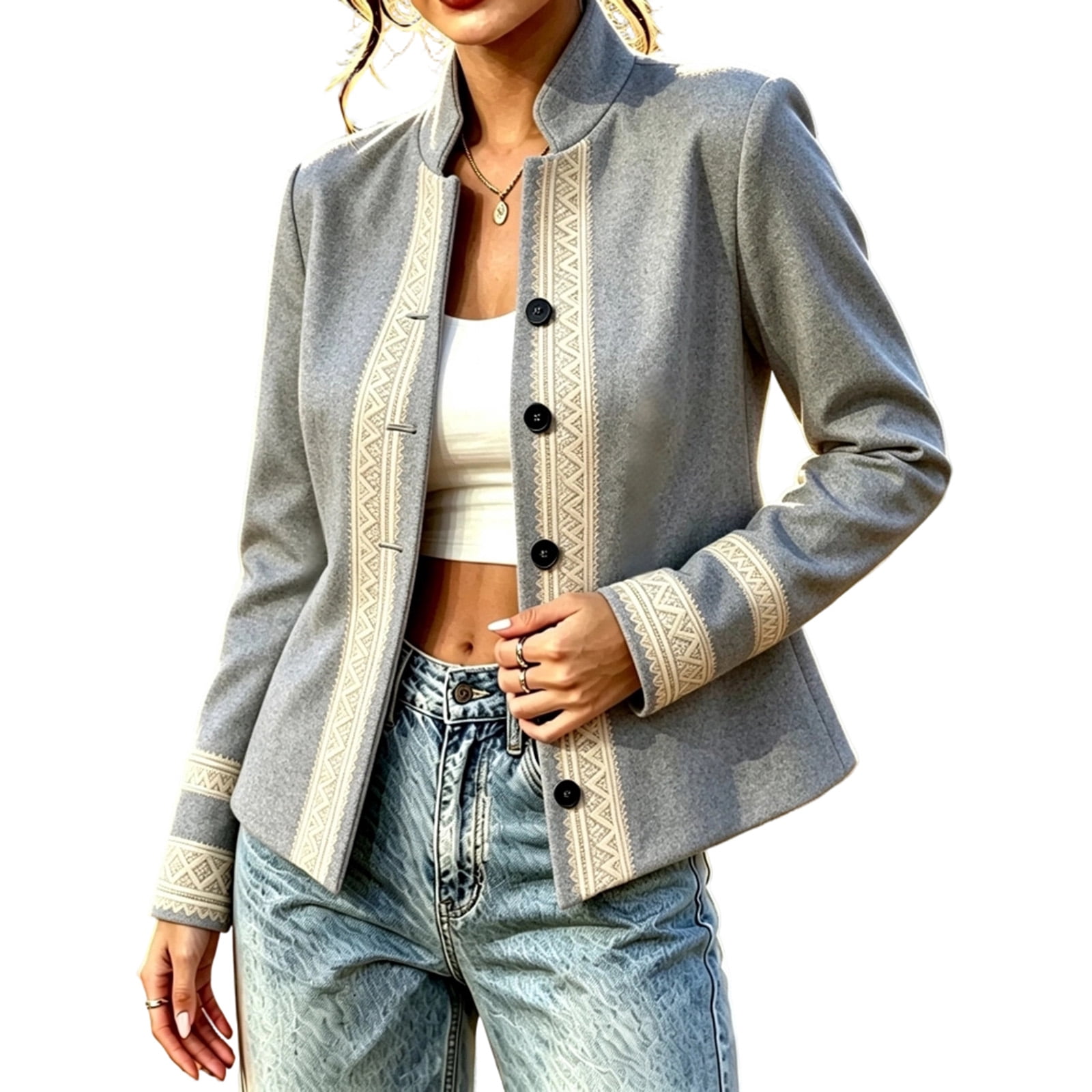 Women's Vintage Blazer Suit Fabric Print Trim Knot Button Business ...