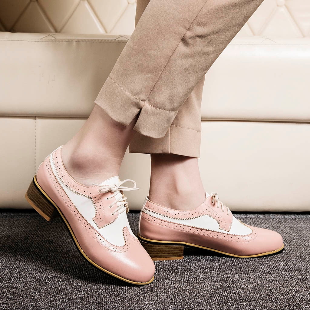 Women's Vintage British Style Shoes Carved Thick Heel Small Shoes Pink ...