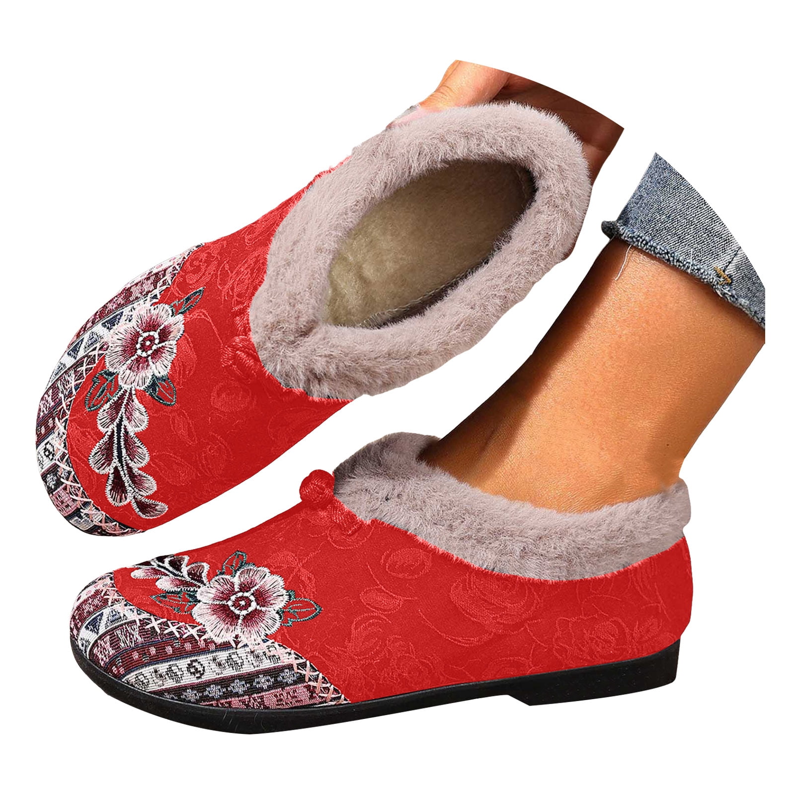 Women's Vintage Floral Embroidered Snow Boots Wide Width Fleece Lined ...