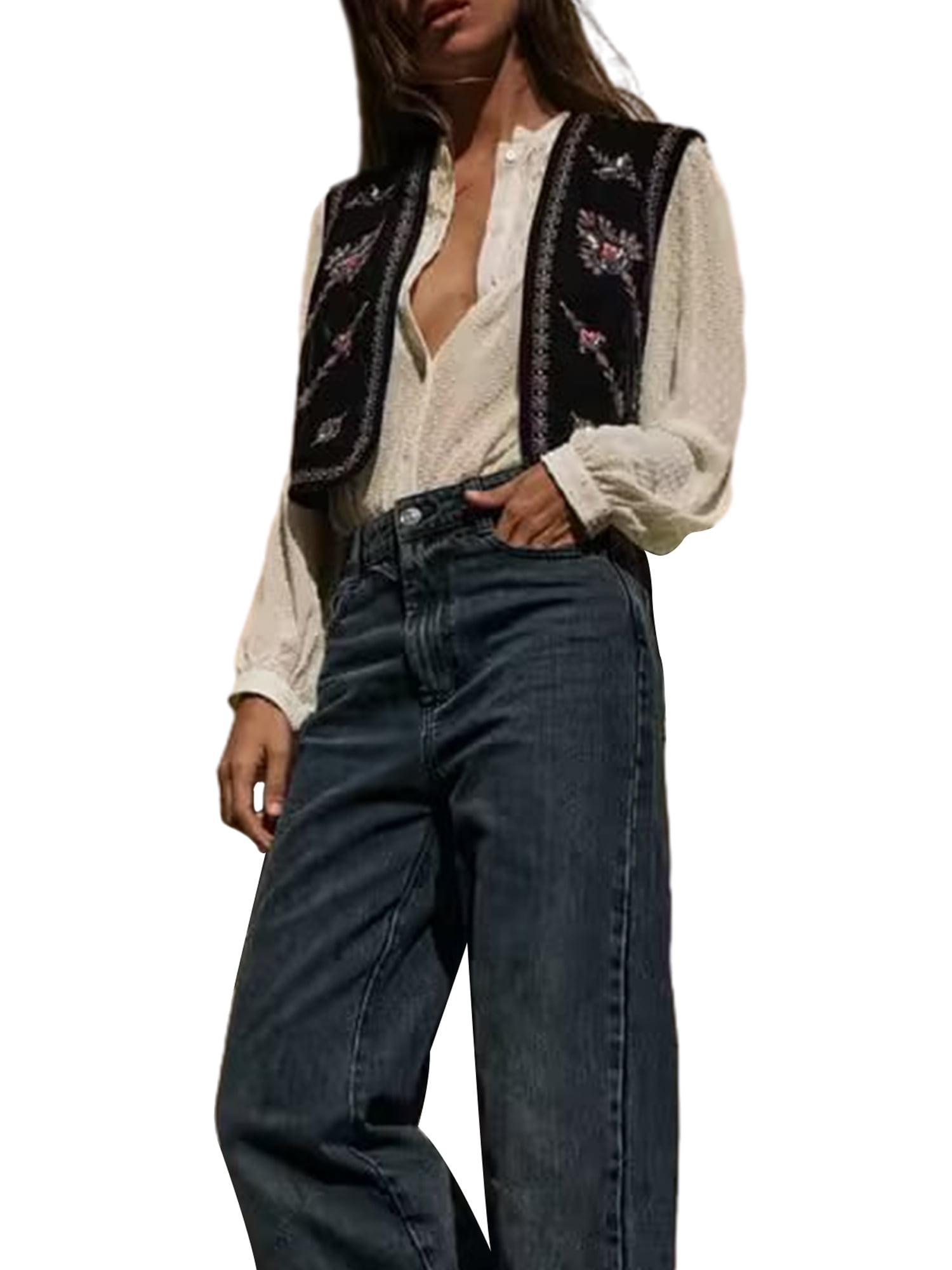 Women's Vintage Floral Embroidered Vest Boho Casual Open Front ...
