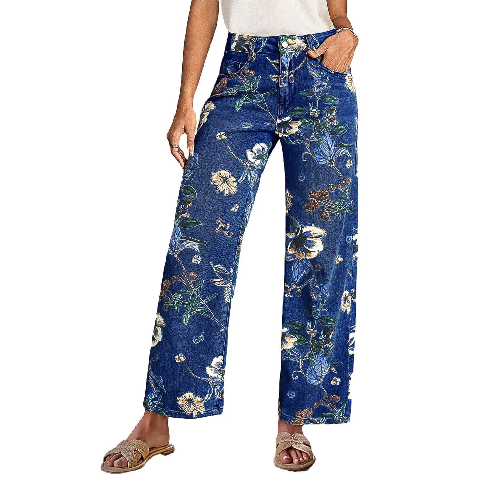 Women's Vintage Floral Print Denim Pants Straight Leg Comfortable Fit ...