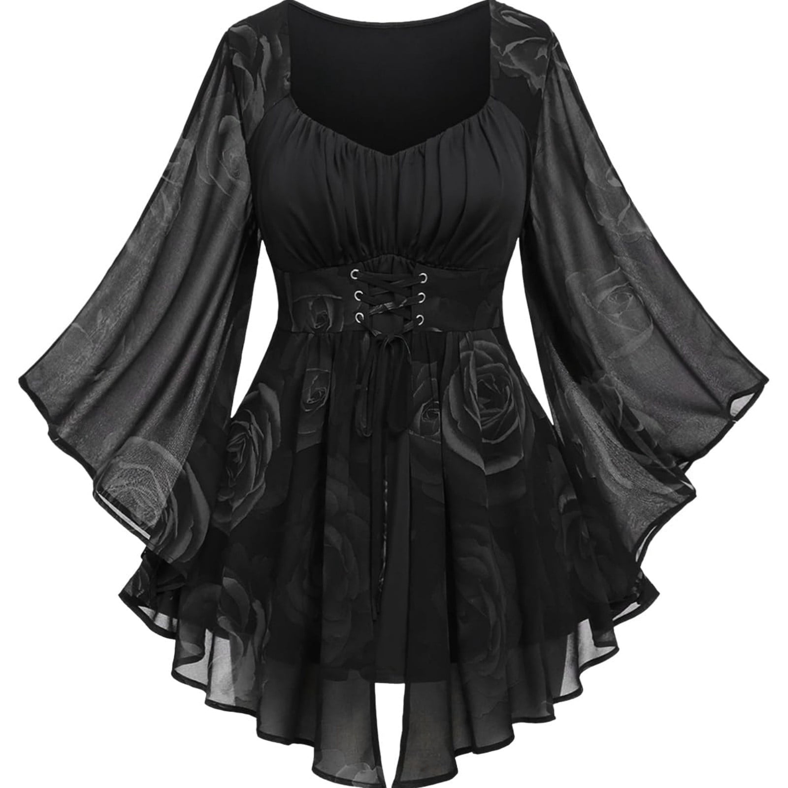 Women's Vintage Gothic Rose Print Flare Sleeve Corset Top, Steampunk ...