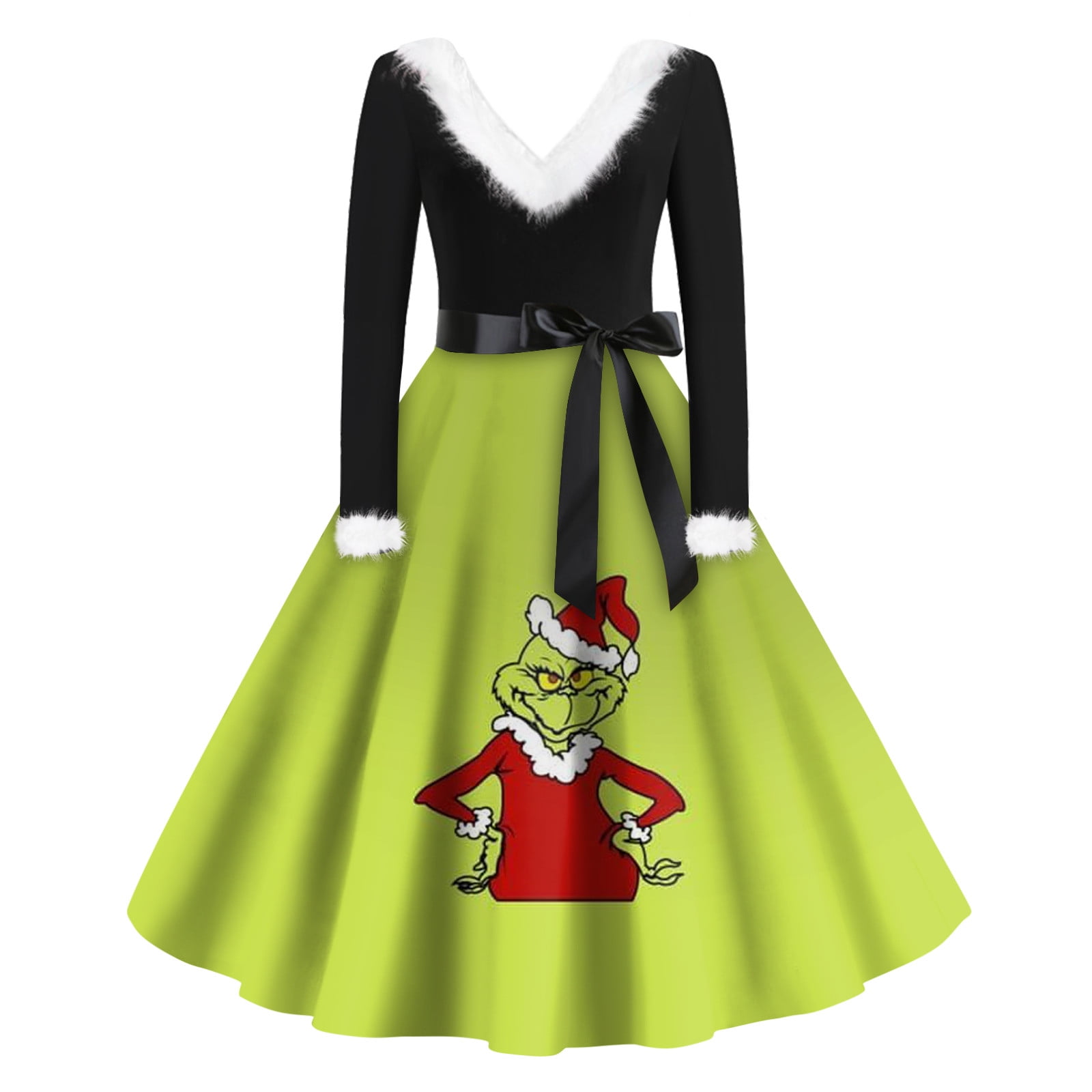Women's Vintage Hepburn Grinch Christmas Printed Dress Long Sleeve Knee ...