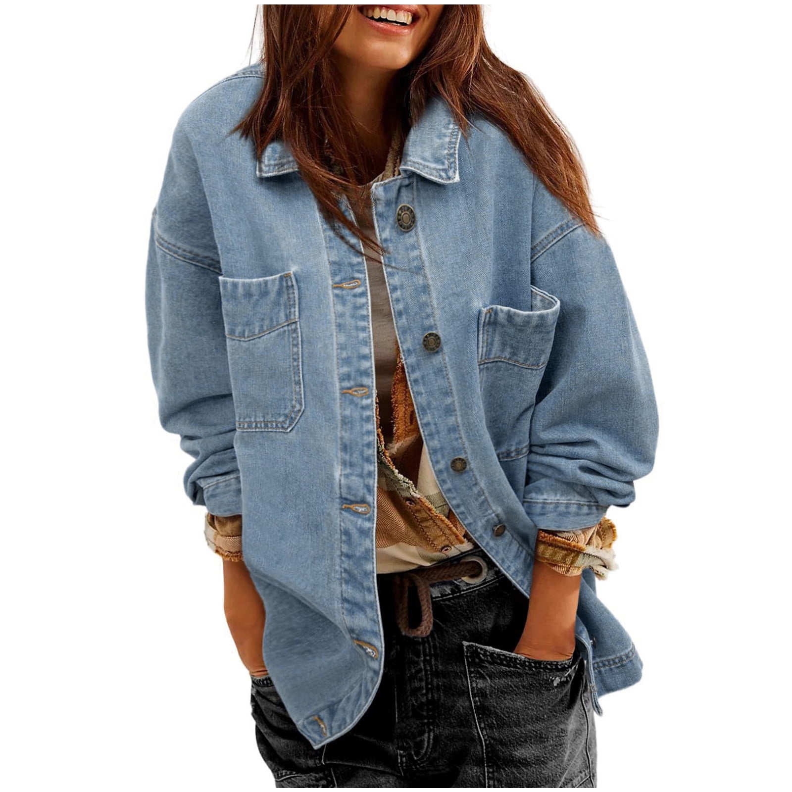 Women's Vintage Jean Jacket Oversized Boyfriend Button Up Long Sleeve ...