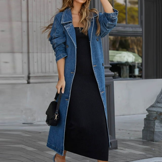 Women's Vintage Midi Long Jean Jacket Loose Fit Jacket Trench Coat With ...