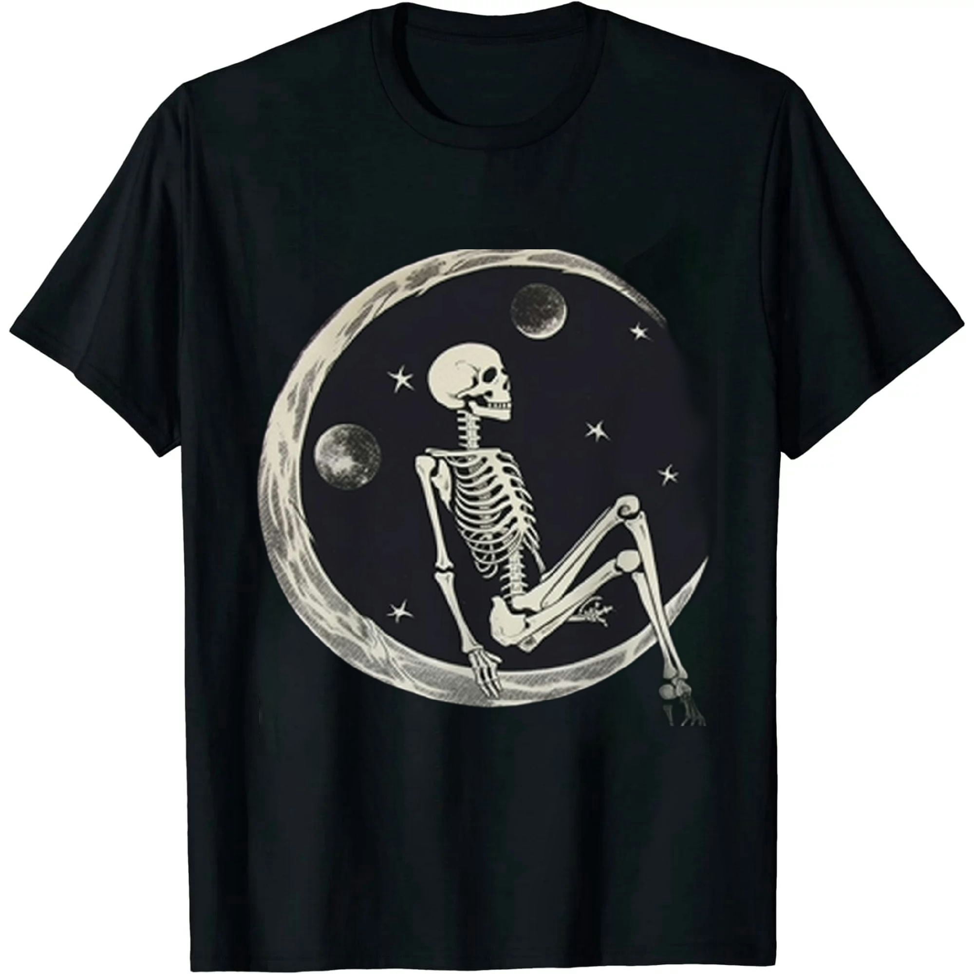 Women's Vintage Moon Skull Graphic T Shirt Retro Bleached Skeleton ...