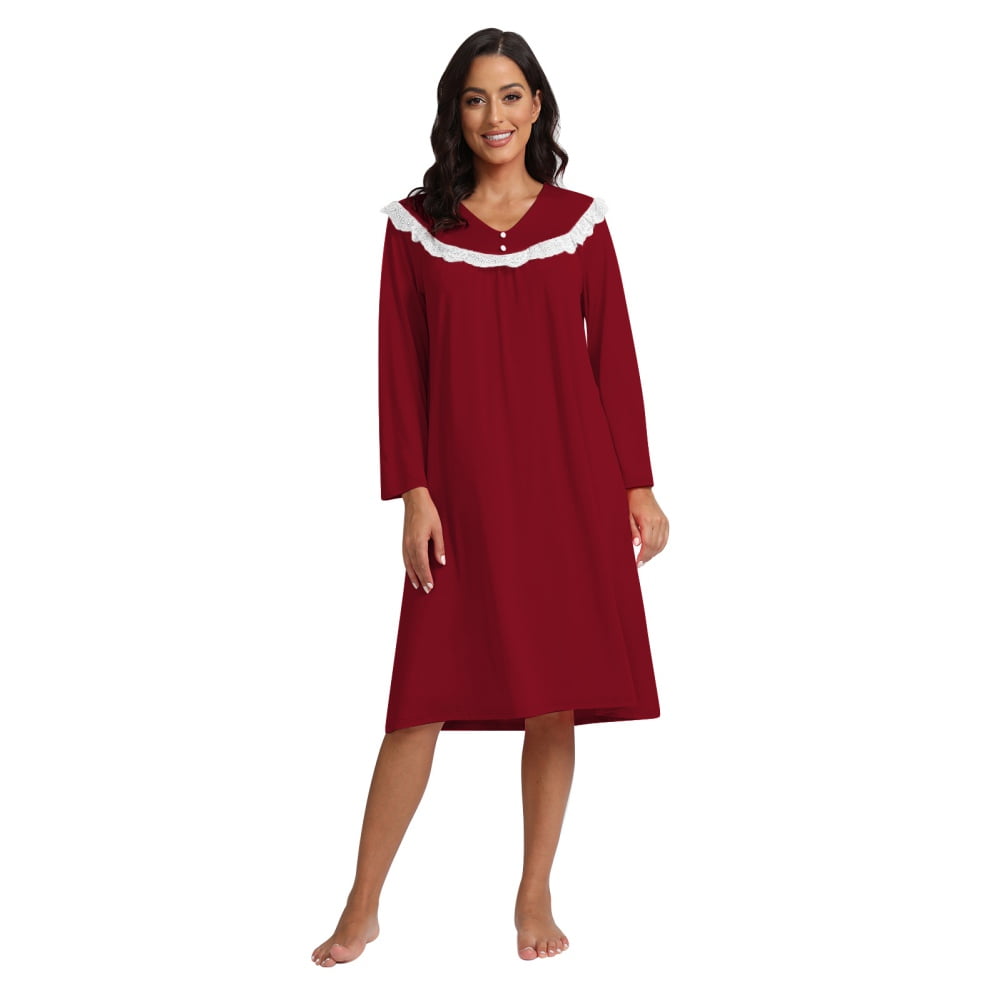 Women's Vintage Nightgown Long Sleeve Nightshirt Lace V Neck Palace ...
