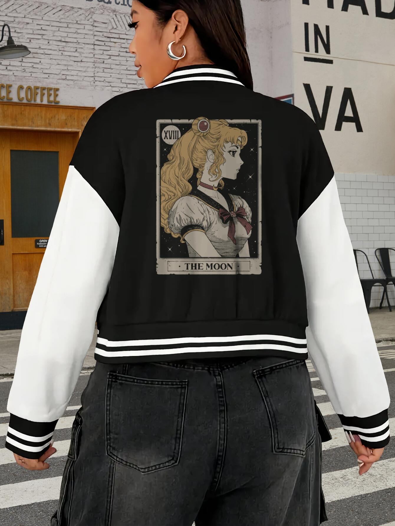Women's Vintage Style Bomber Jacket Celestial Theme Anime Art The Moon ...