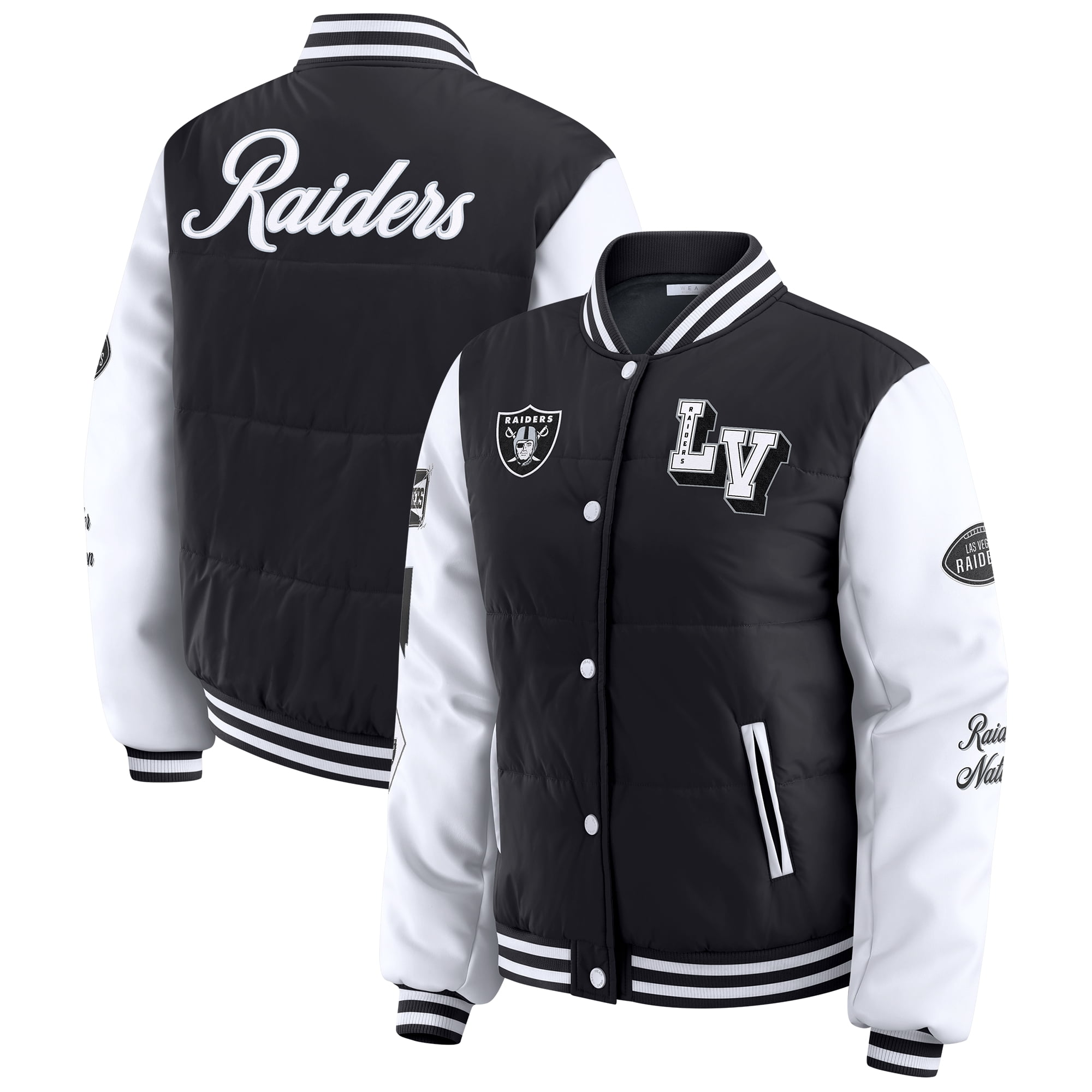 Women's WEAR by Erin Andrews Black Las Vegas Raiders Varsity Full-Snap ...