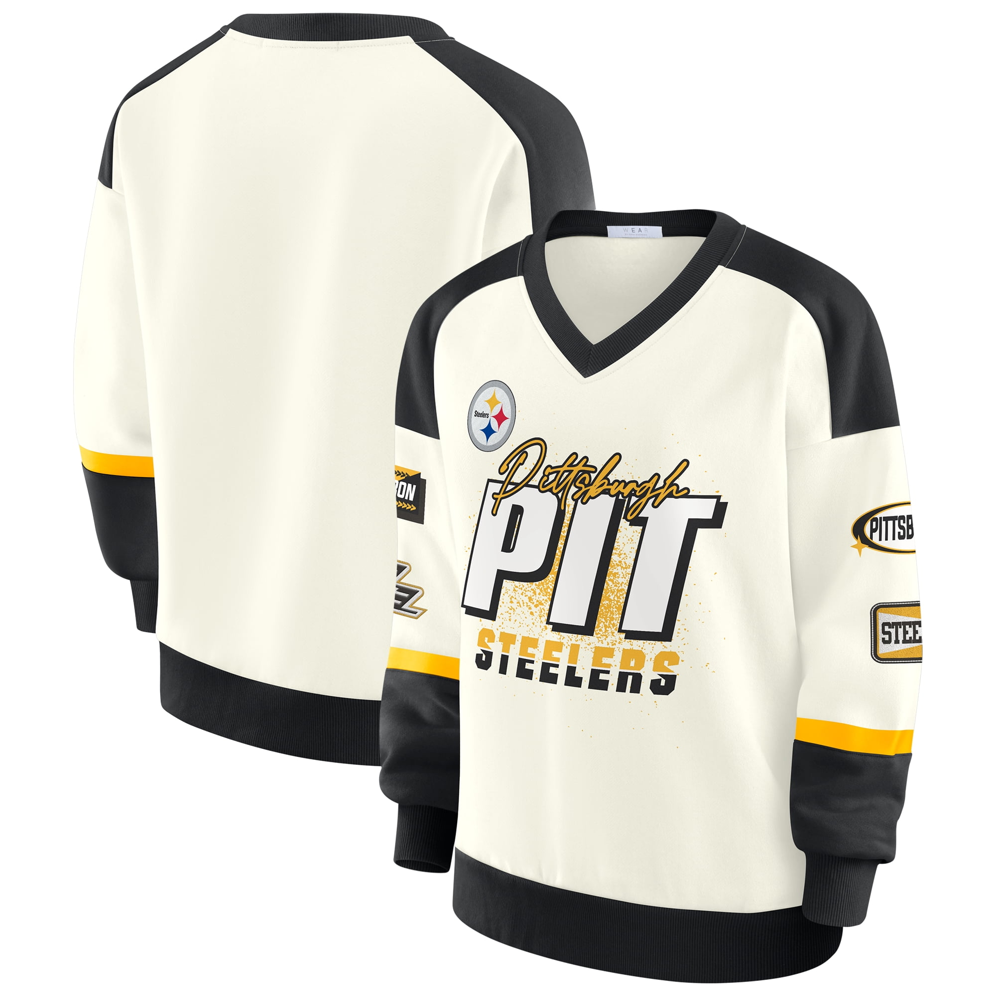 Women's WEAR by Erin Andrews Cream Pittsburgh Steelers Racing Crew V ...