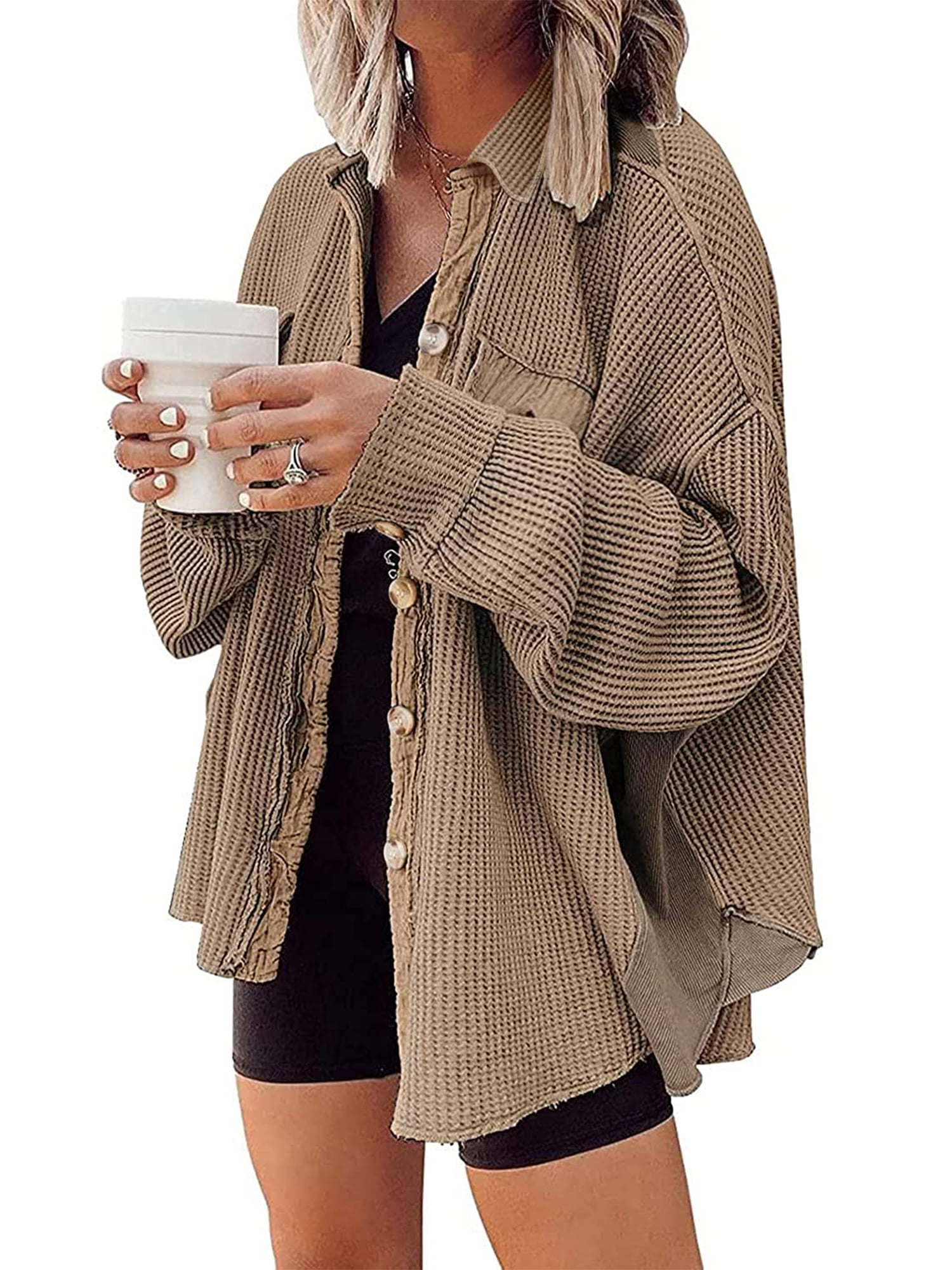 Women's Waffle Knit Shacket Button Down Shirts Casual Long Sleeve ...