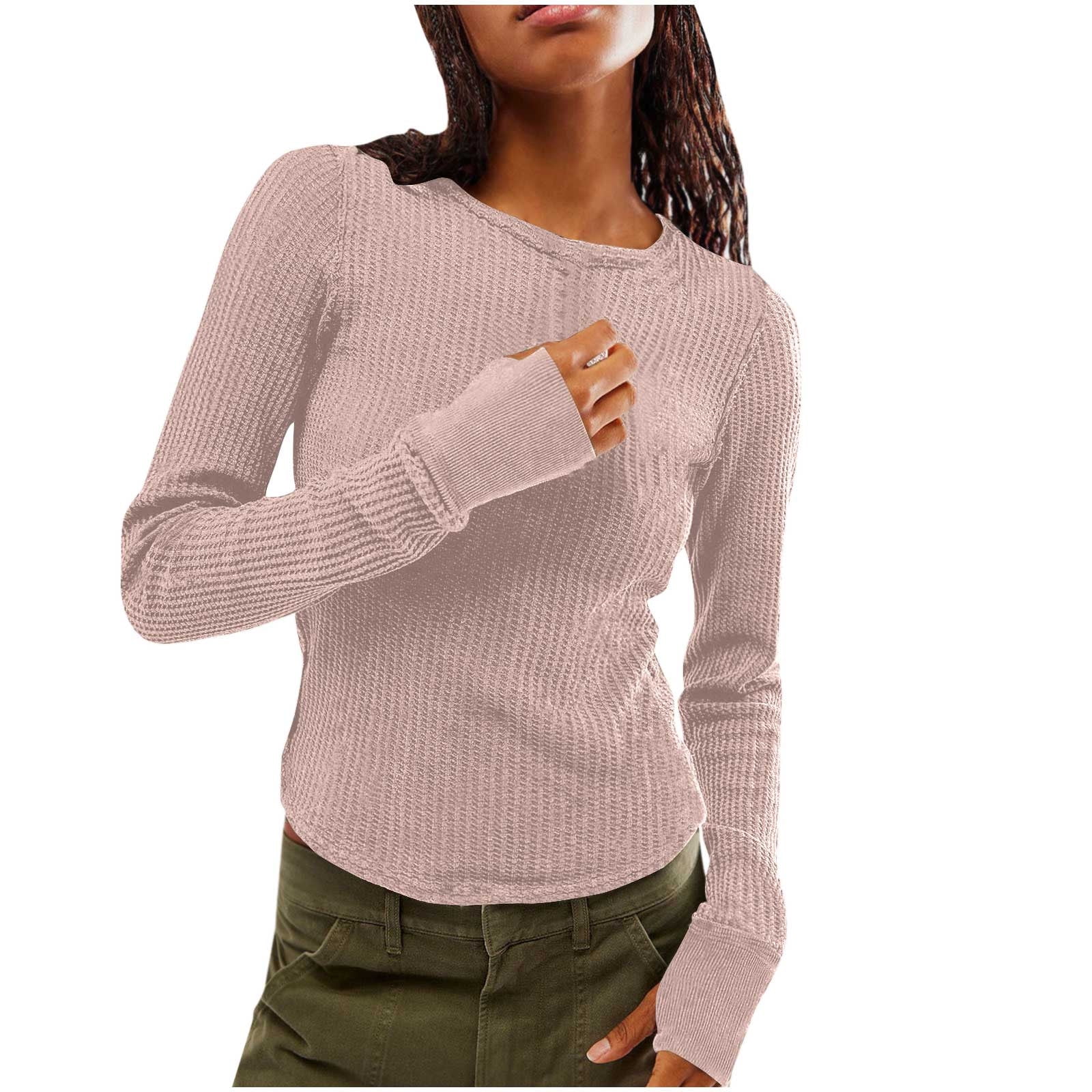 Women's Waffle Knit Tops Long Sleeve Shirts Casual Slim Fitted Crew ...