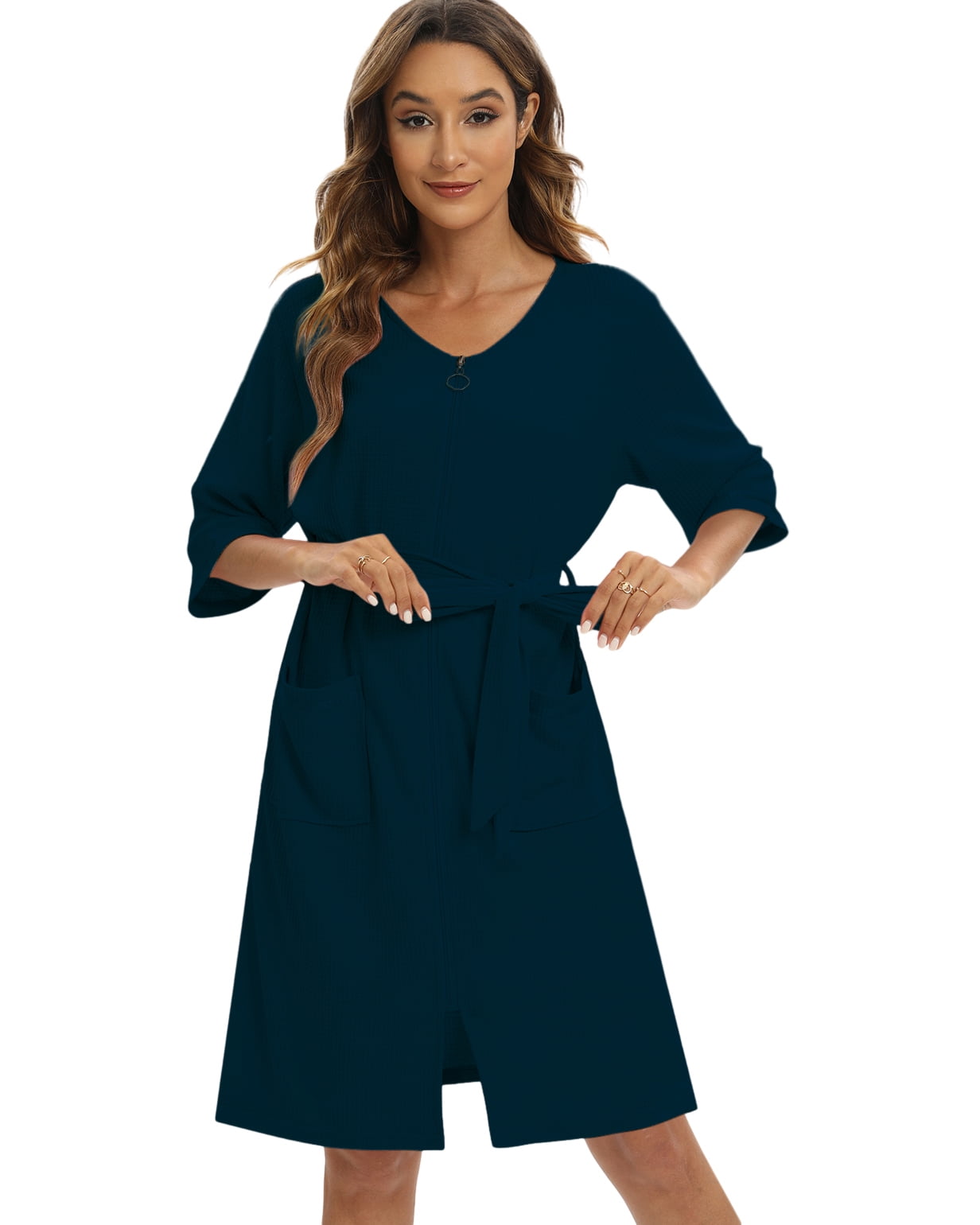 Women's Waffle Wrap Robe Zipper Robes Half Sleeve Zip Front Knee Length ...