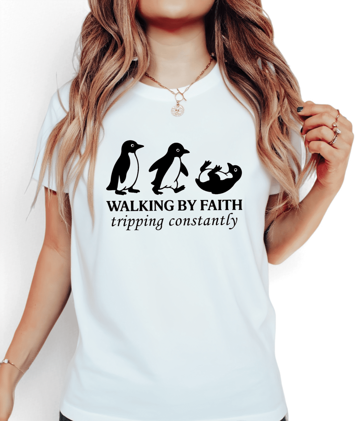 Women's "Walking By Faith Tripping Constantly" Penguin-Themed Graphic T ...