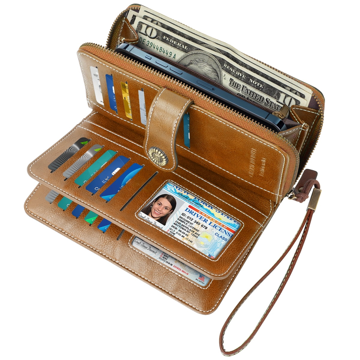 Women's Wallet, Women's Leather Wallet with Wristlet, Brown, Large ...