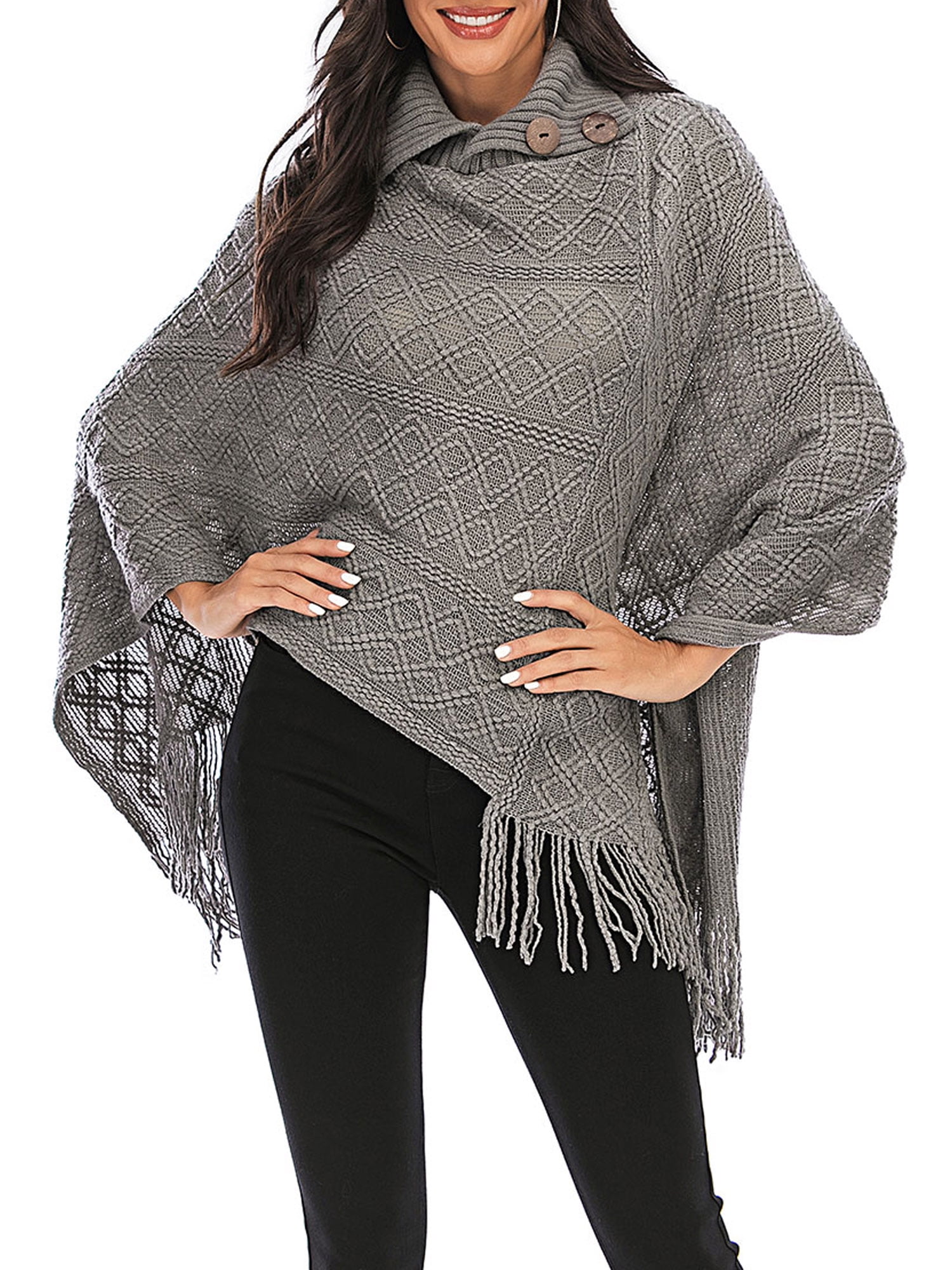 Women's Warm Knitted Sweater Cover Up Fashion Tassels Poncho Top ...