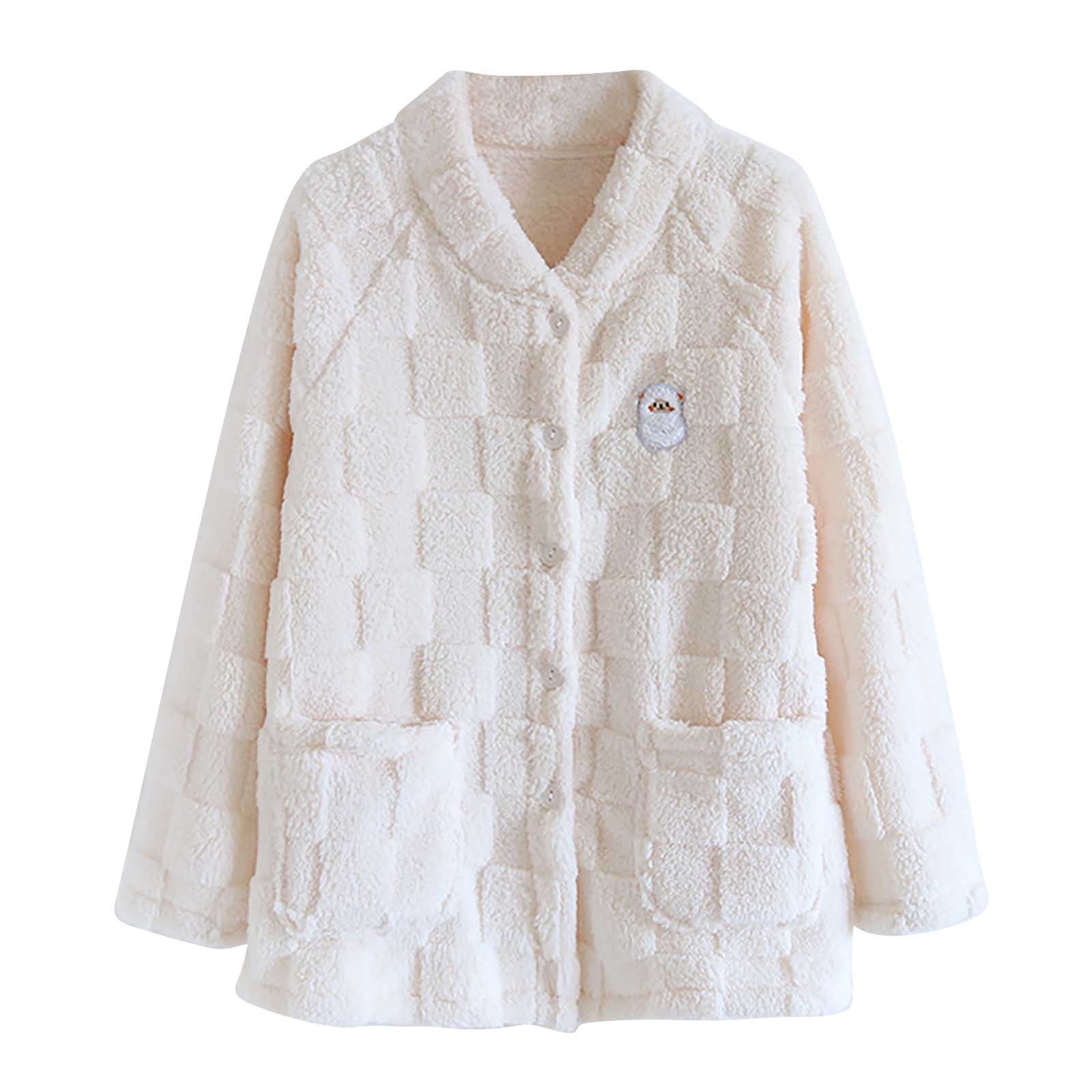 Women's Warm Winter Pajamas Tops Casual Long Sleeve Button Up Fuzzy ...