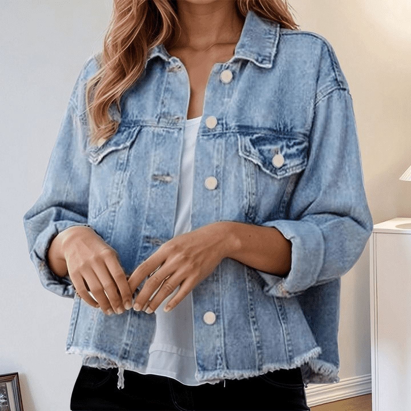 Women's Washed Denim Jacket With Edges Girls Lined Jean Jacket Ripped ...