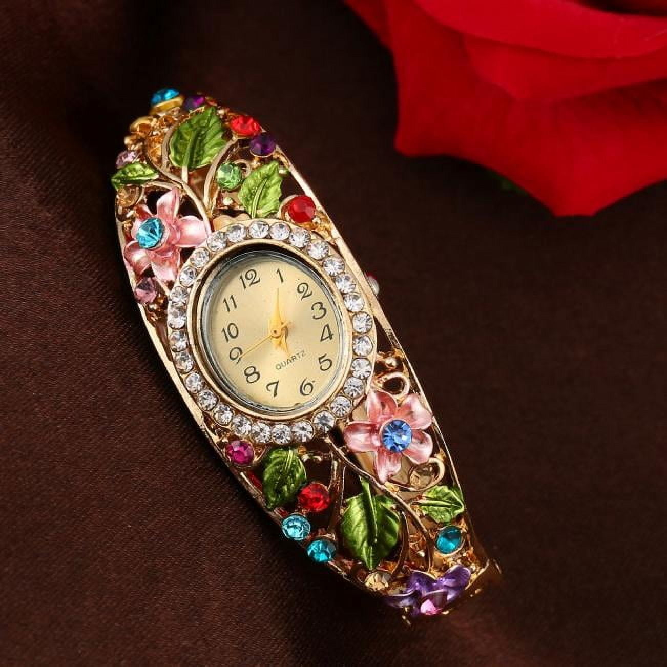 Women's Watch Women Bangle Crystal Flower Bracelet Quartz Watch ...